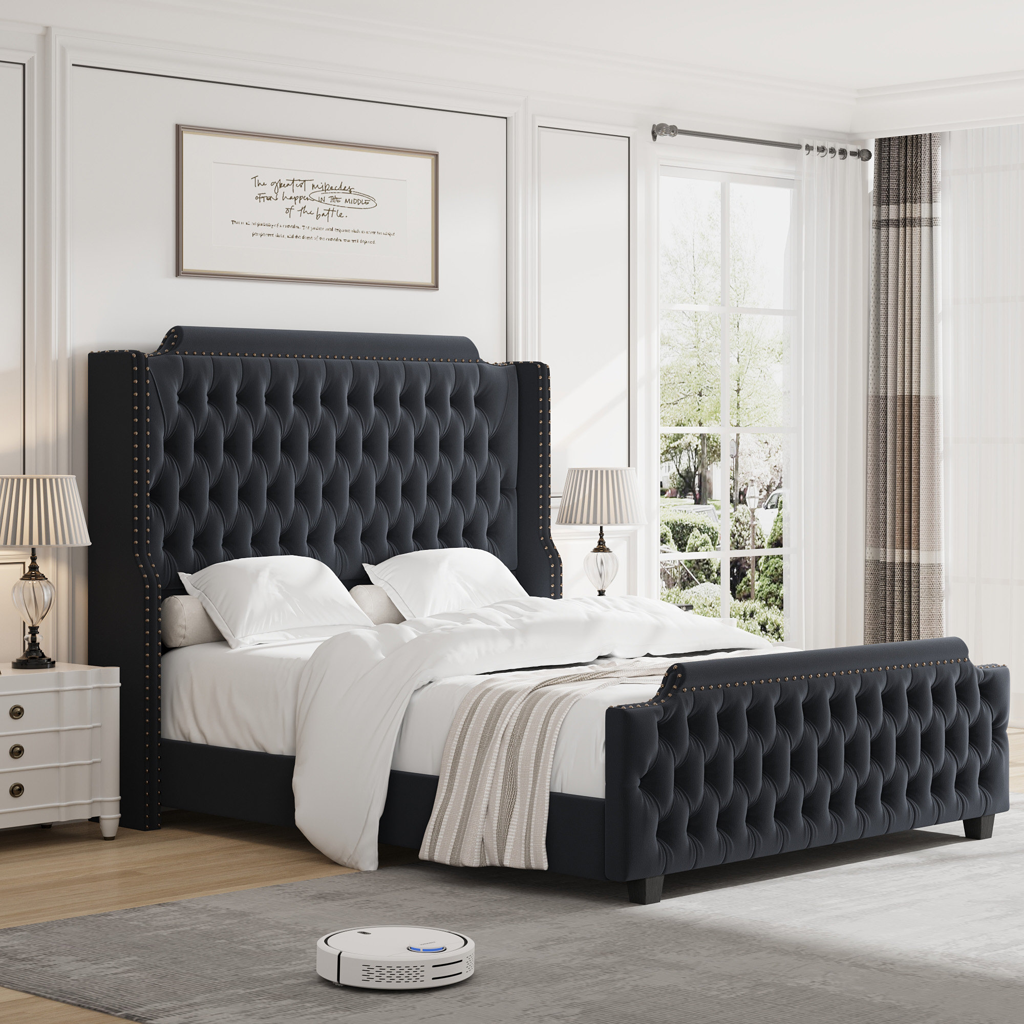 Andover Mills Kohlmeier Luxury Upholstered Bed Tall Tufted Wingback Headboard with Nailhead Trim Reviews Wayfair